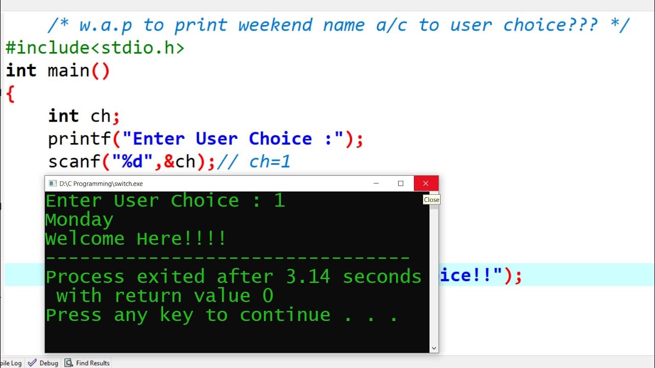 c program to print day of week using switch case | learn coding