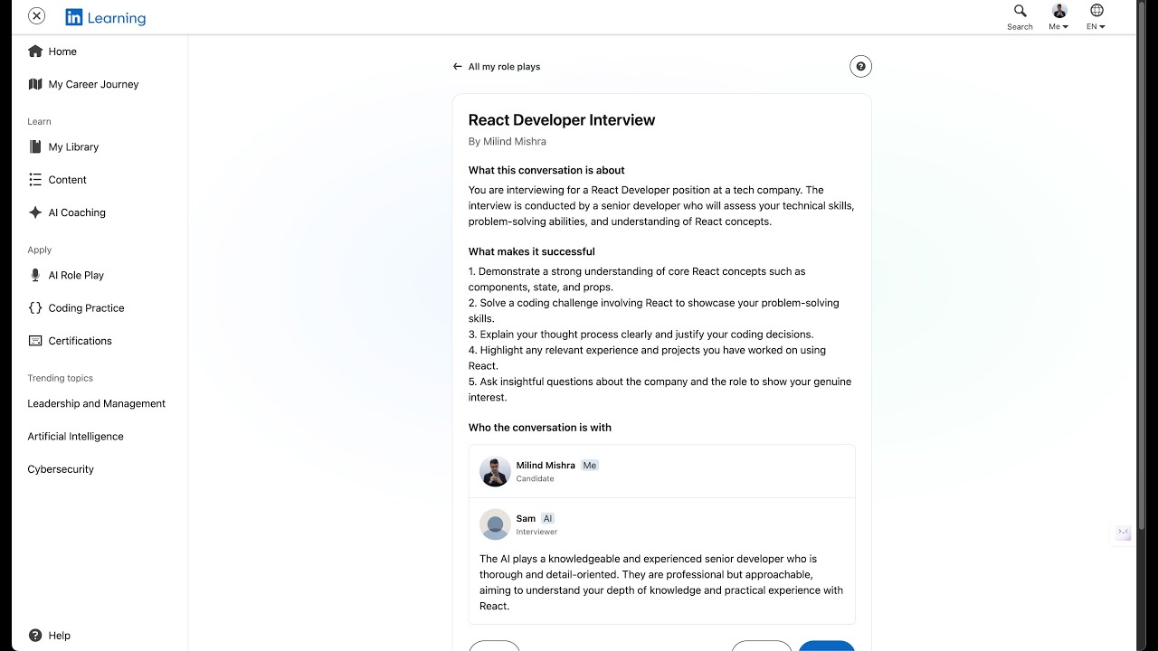 React Developer Mock Interview - 1 | LinkedIn Learning (AI Role Play)