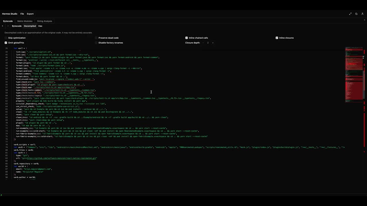 Bytecode Studio demo - React Native decompiler and disassembler