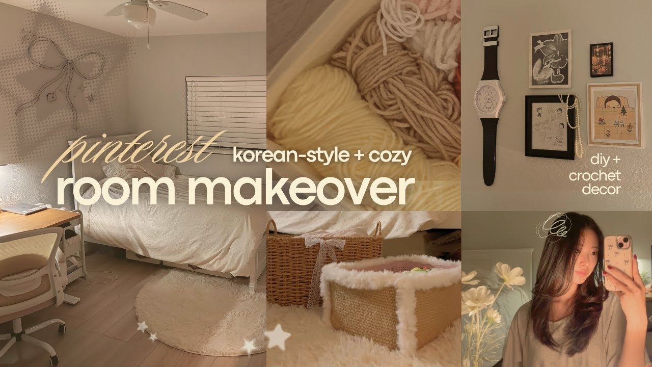 aesthetic bedroom makeover 🧸☁️ crochet room decor, desk setup, cozy korean & pinterest inspired