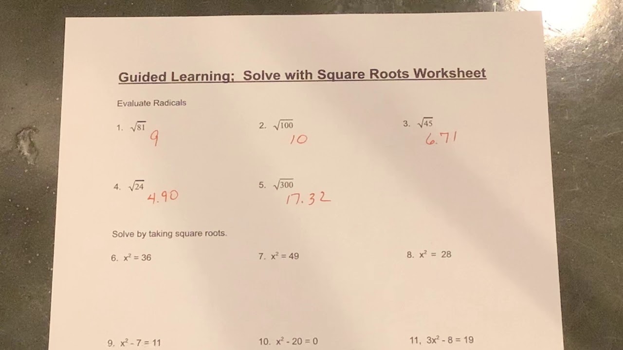 Guided Learning: Solve with Square Roots Worksheet