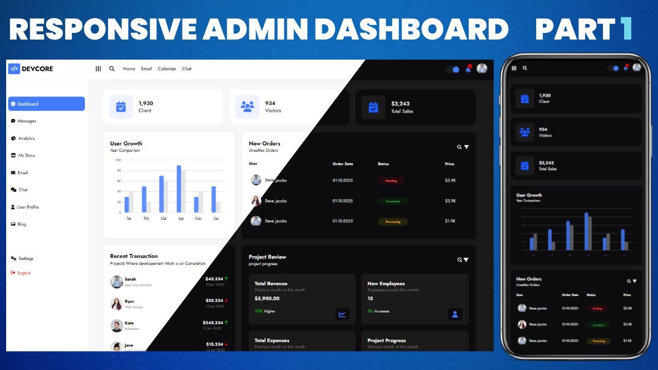 Responsive Admin Dashboard Using HTML CSS & JavaScript with Light & Dark Mode Part 1