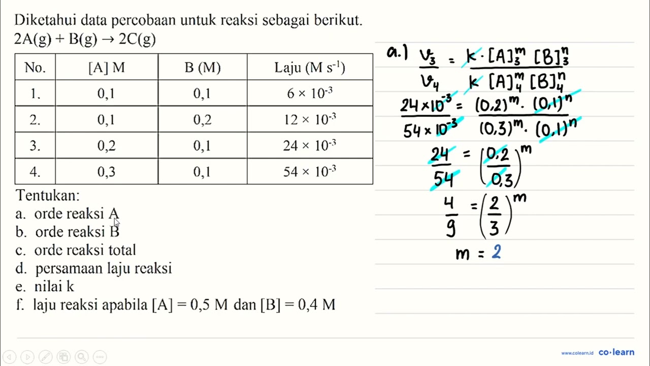 Diketahui data percobaan untuk reaksi sebagai berikut.  2 A(g)+B(g) -> 2 C(g)    No.  { [A] M ...