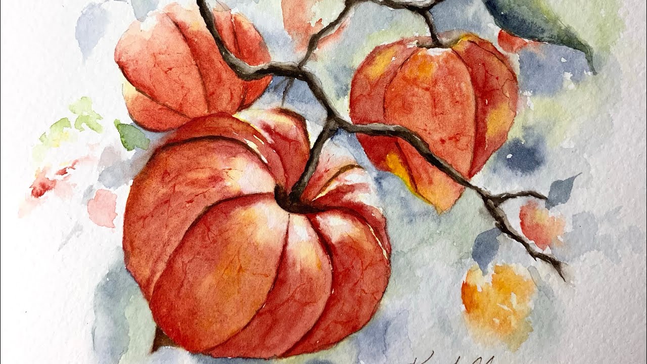 Watercolor physalis Chinese lantern paint along tutorial demo