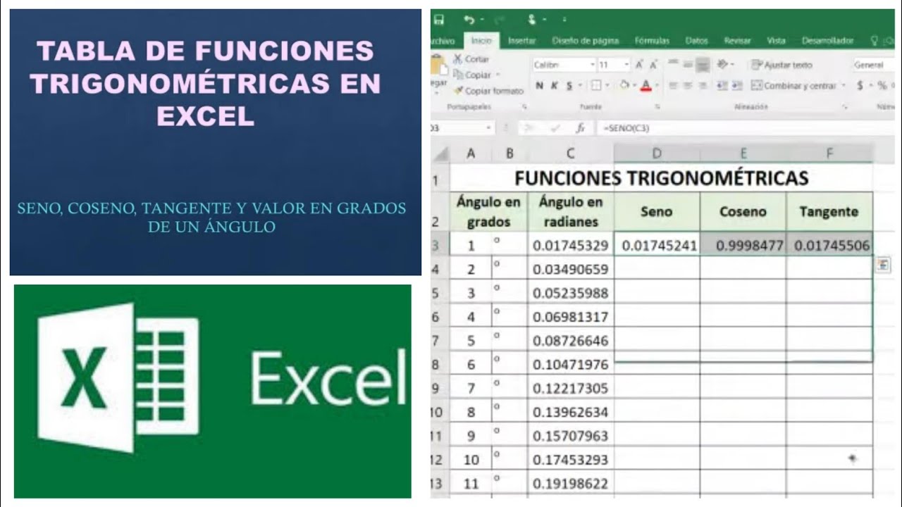 Tabla funciones trigonométricas en Excel