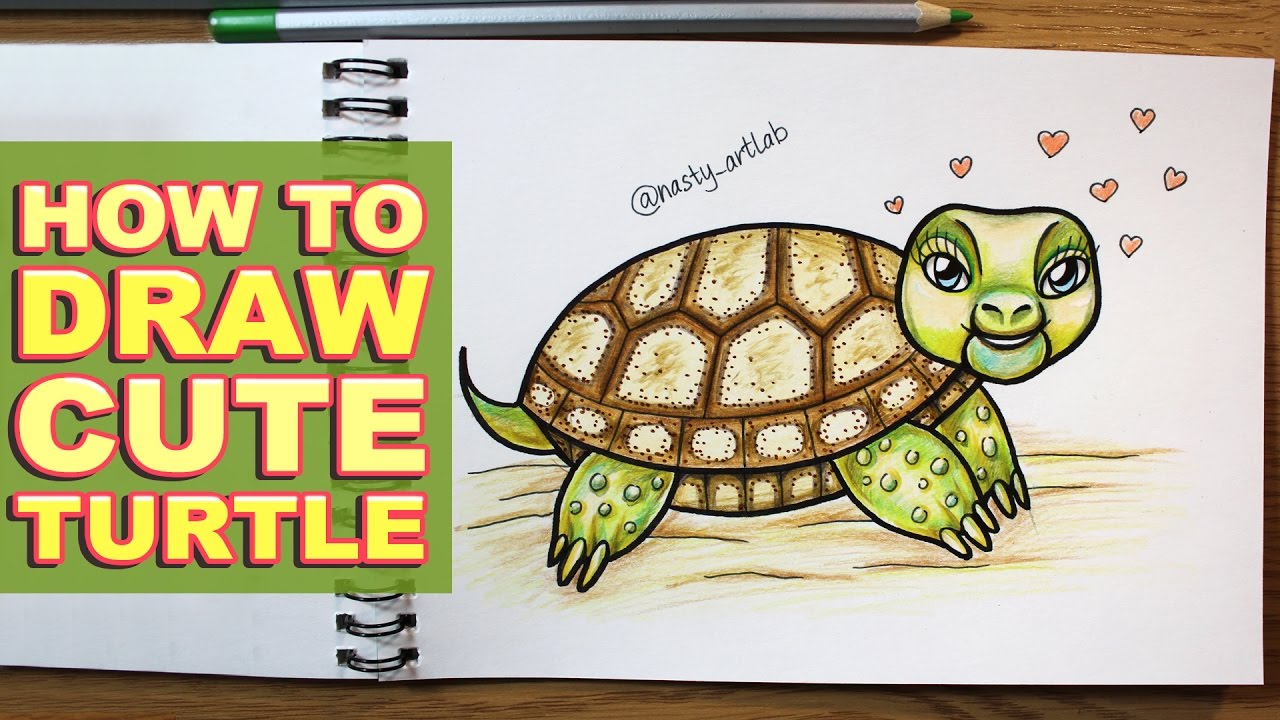 How to Draw Cute Cartoon Turtle in Timelapse with Color Pencils and Black Marker