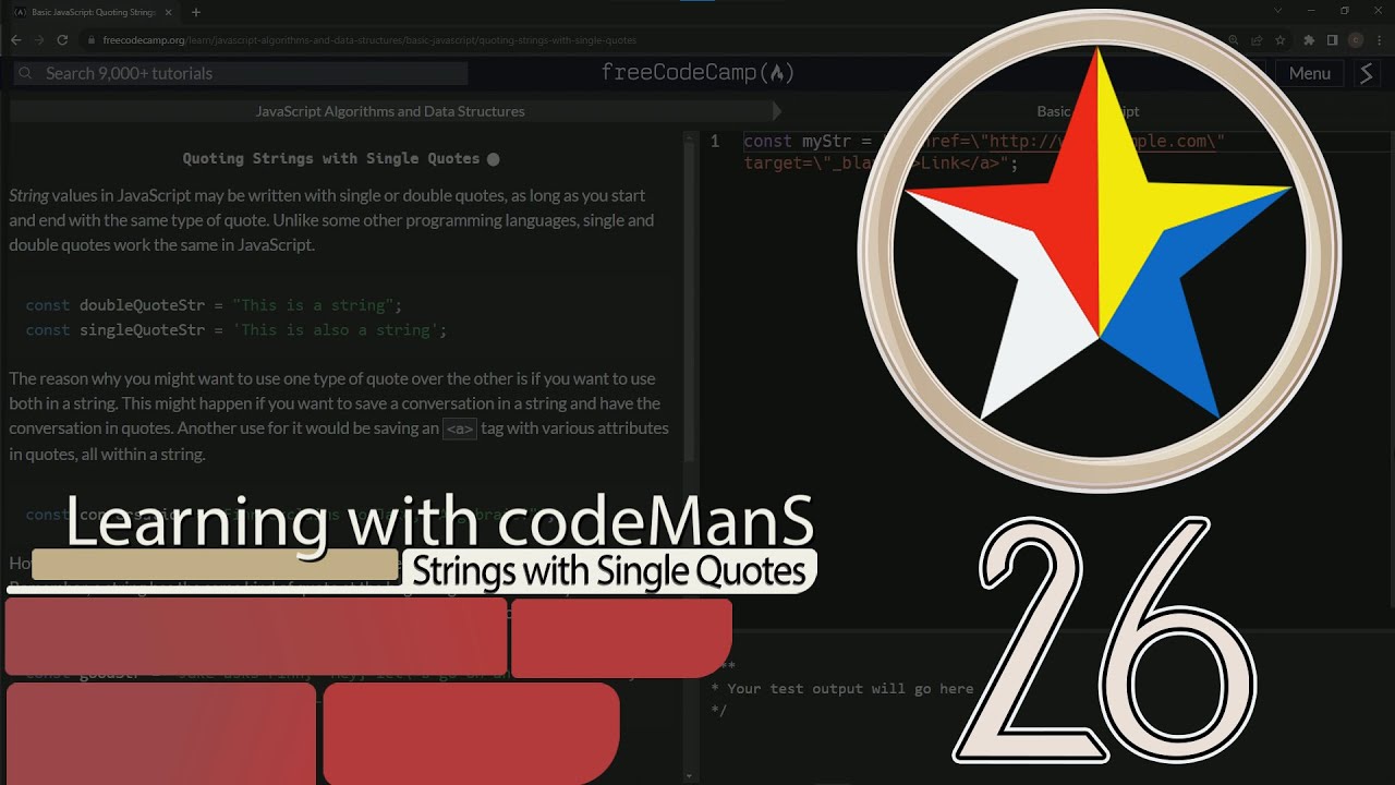 JavaScript Basic 26: Strings with Single Quotes | FreeCodeCamp |