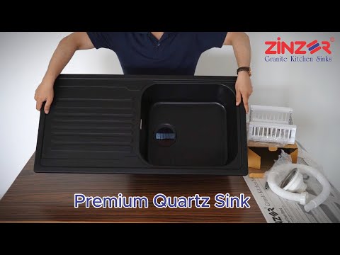 Zinzer Quartz Kitchen Sink Single Bowl Drainboard 36 x 18 Black Model Unboxing