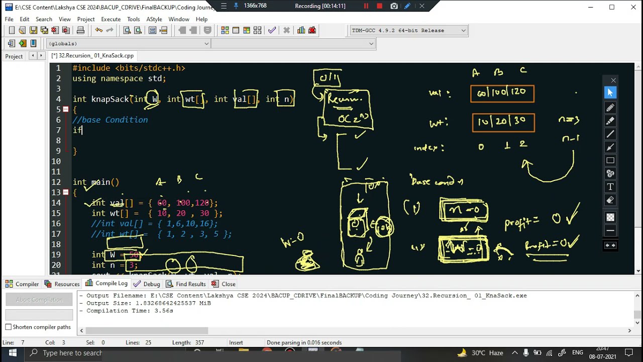 0/1 Knapsack Problem : using Recursion OR Exhaustive Search. Recursive Code Explained.