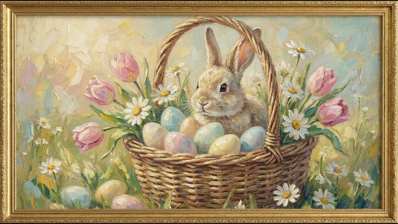 Premium Easter Bunny in Basket 8 Hour 4K Frame TV Art | Gold Frame Cozy Screensaver 🌷🐰