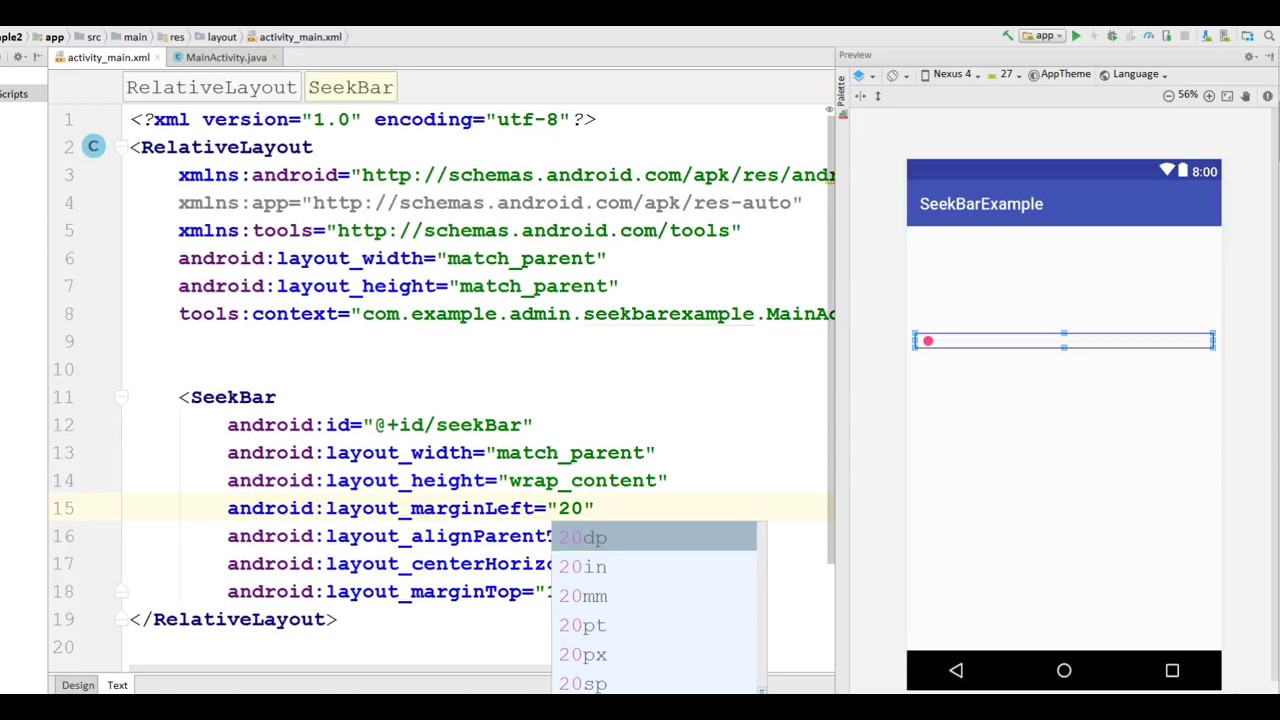 SeekBar Example using Android Studio.