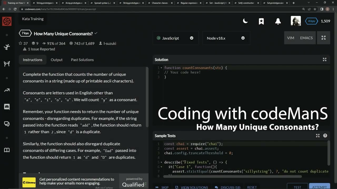 Codewars 7 kyu How Many Unique Consonants? Javascript