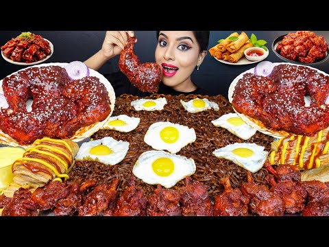 ASMR Eating Spicy Korean Black Bean Noodles,Fried Chicken Lollipop,Leg Piece,Egg ASMR Eating Mukbang