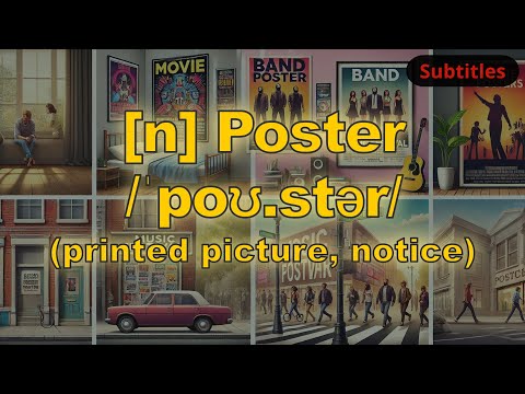 [n] Poster meaning (printed picture, notice) with 5 examples
