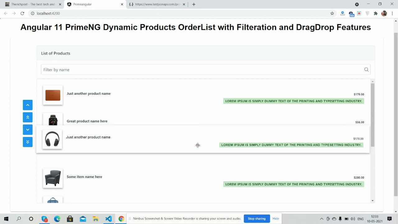 Angular 11 PrimeNG Order list Dynamic Products with Filtration & Drag Drop Functionality