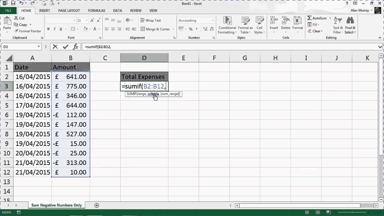 Sum Negative Numbers Only in Excel