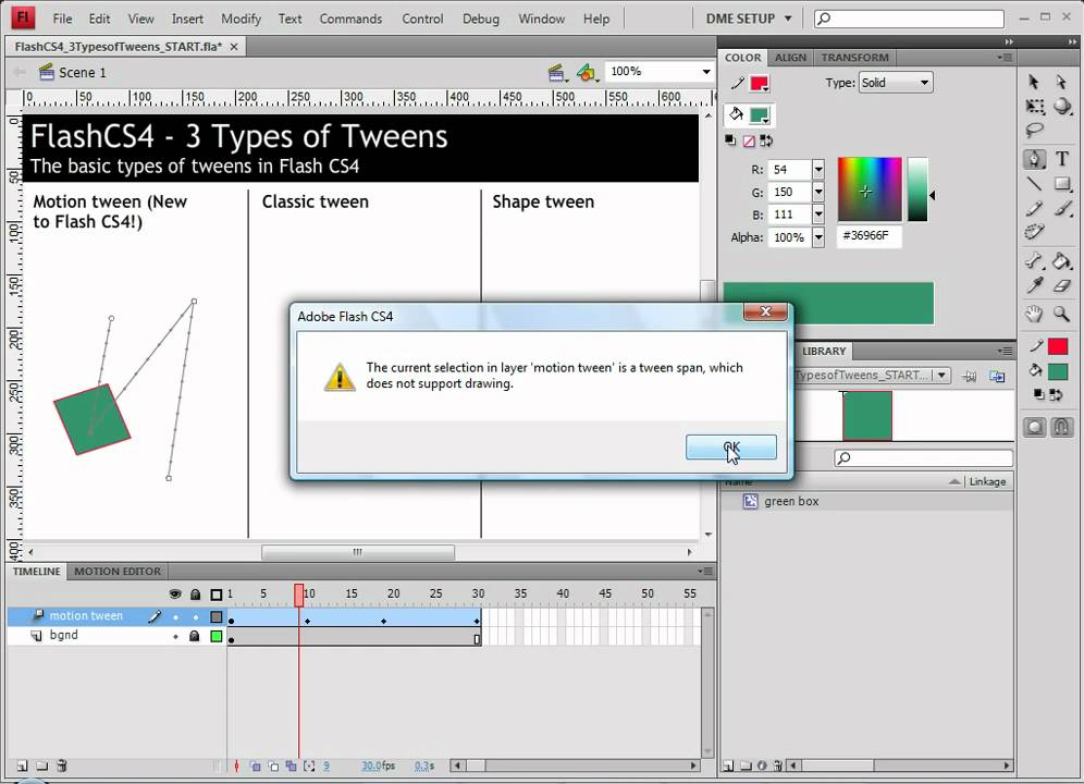 FlashCS4, 3TypesofTweens, part1, motion tween.avi