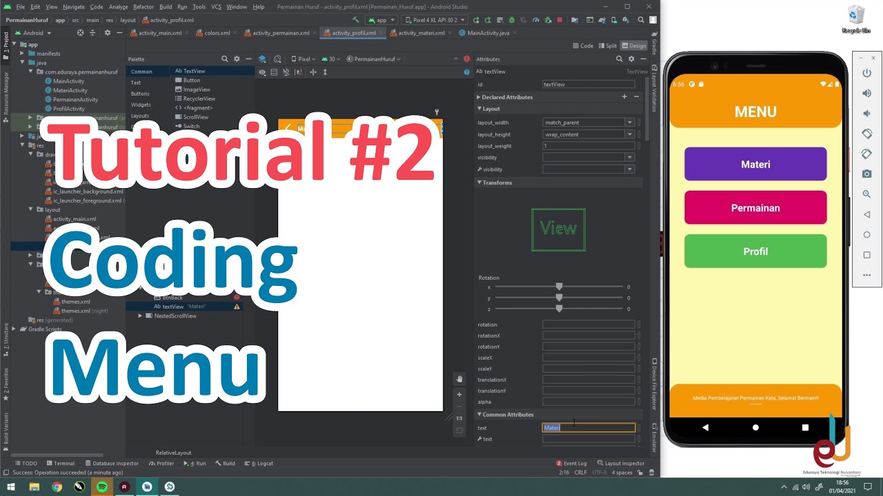 Tutorial Membuat Media Pembelajaran | Android Studio | Eps 2 (Coding Menu)