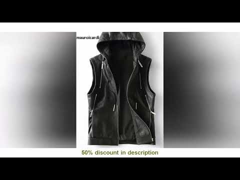 #Mauroicardi Spring Autumn Luxury Elegant Cool Black Pu Leather Vest for Men with Hood Zipper Slee