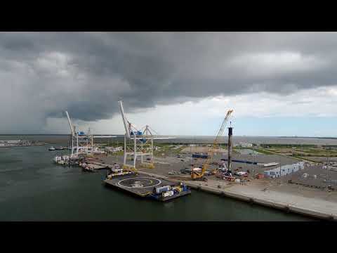 Aerial View of First Re-Flown Block 5 Falcon 9 B1046 at Port Canaveral in 4k UHD