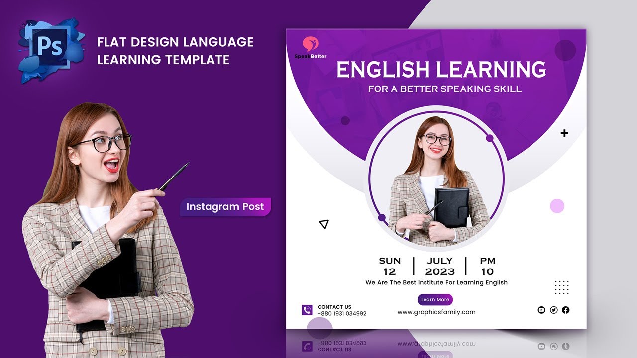 Create a flat design language learning template in Photoshop