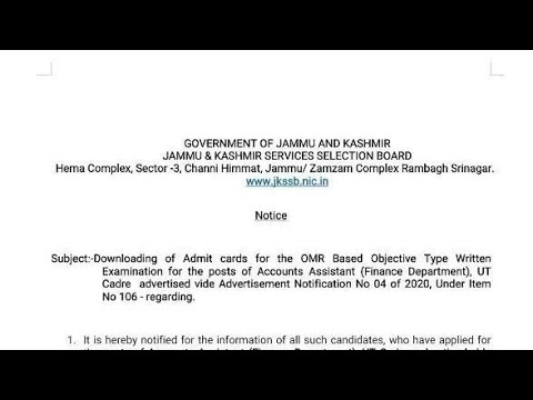 JKSSB ADMIT CARD FOR ACCOUNTS ASSISTANT FINANCE By Help J&K Students