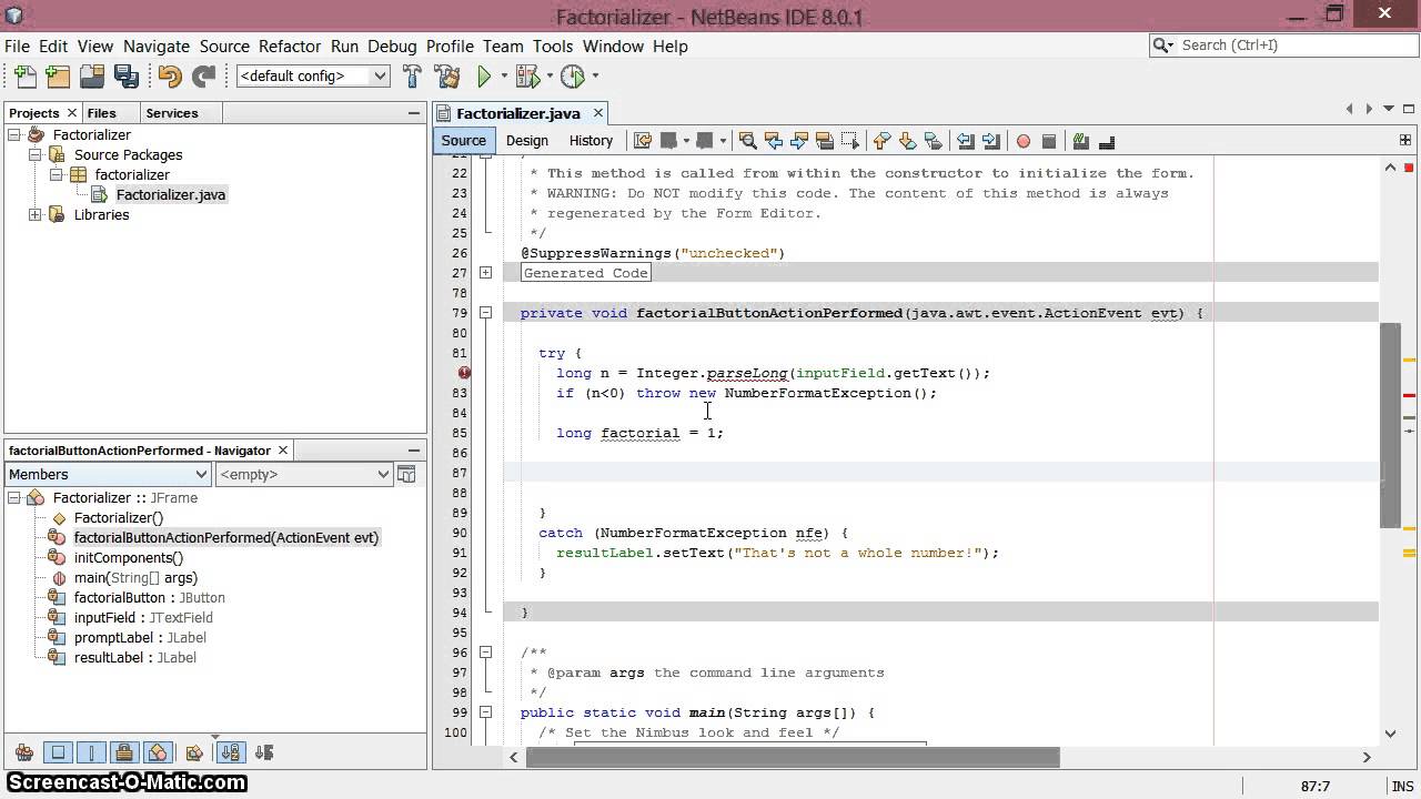 Factorials with a for loop in Java