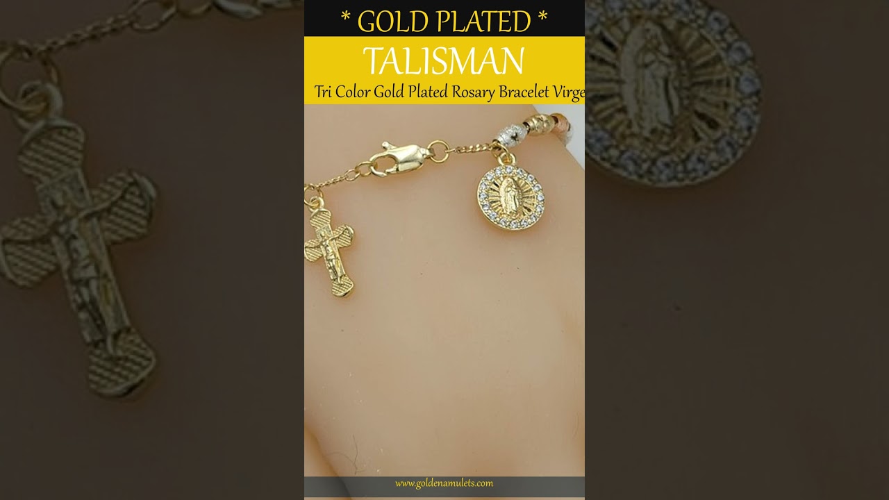 Tri Color Gold Plated Rosary Bracelet Virgen Guadalupe Crucifix. Rosario