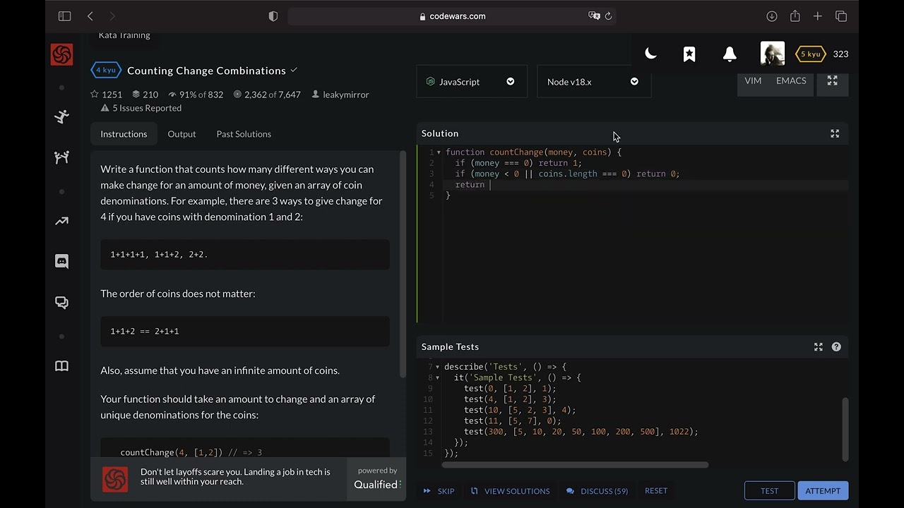 CodeWars || Counting Change Combination || JavaScript || Code Challenge