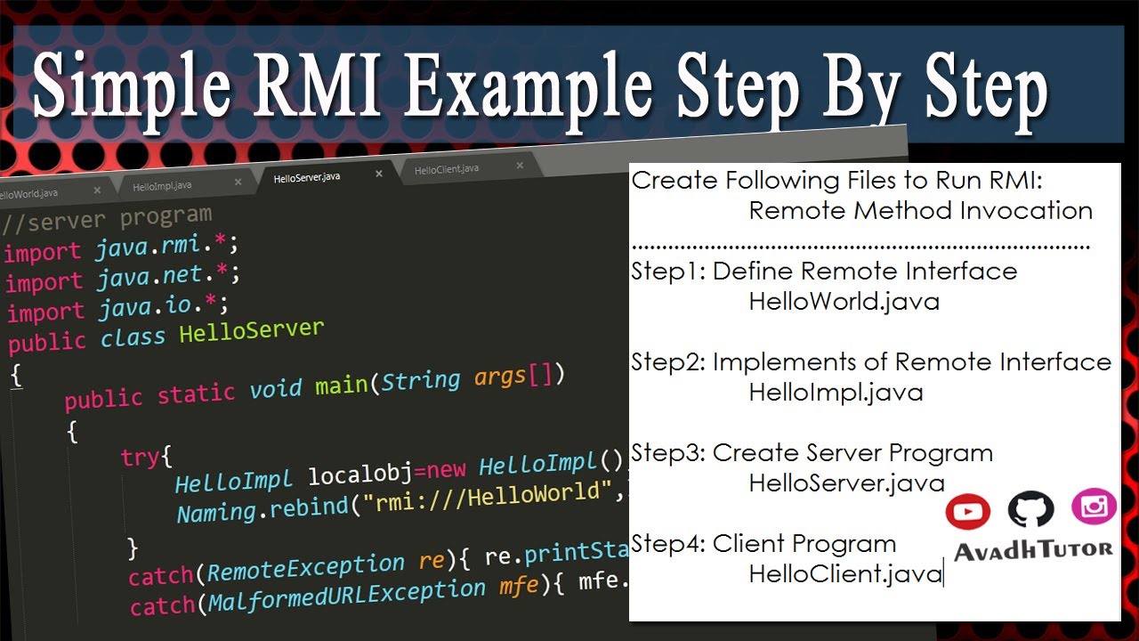 Simple rmi example | rmi example in java | java rmi tutorial | HelloWorld RMI Program | avadhtutor