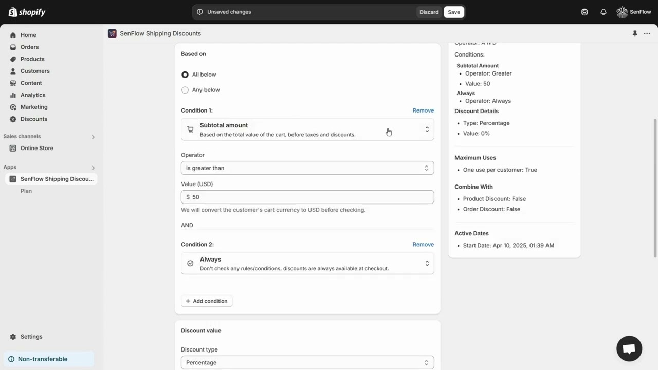 SenFlow Shipping Discount #1 | Cart-based Conditions