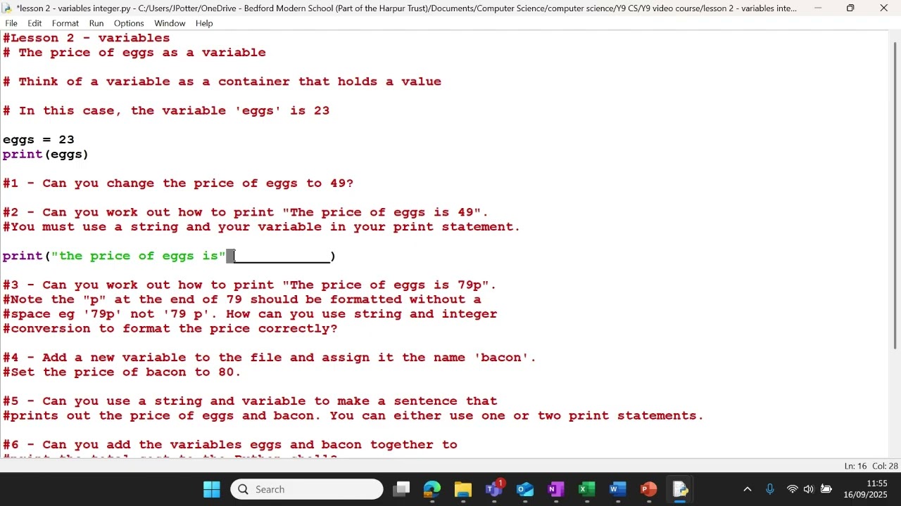 Year 9 Coding Lesson 2: Integer Variables