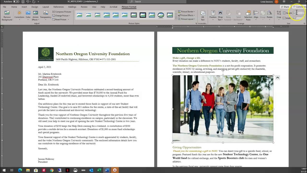 Word Module 3 SAM End of Module Project 1:  Northern Oregon University Foundation