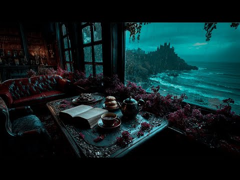 Tea and Cookies in the Coastal Library | Dark Academia Study by the Sea