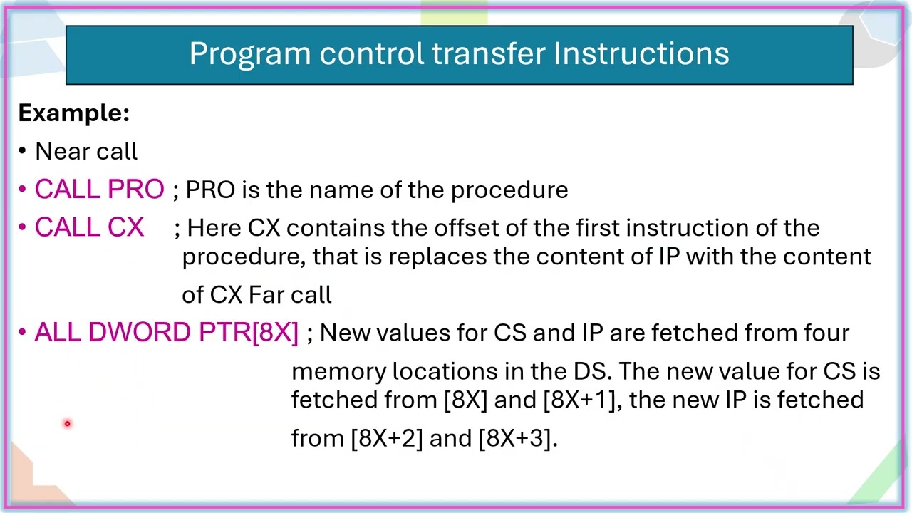 8086 Instruction set   Program control transfer Instructions
