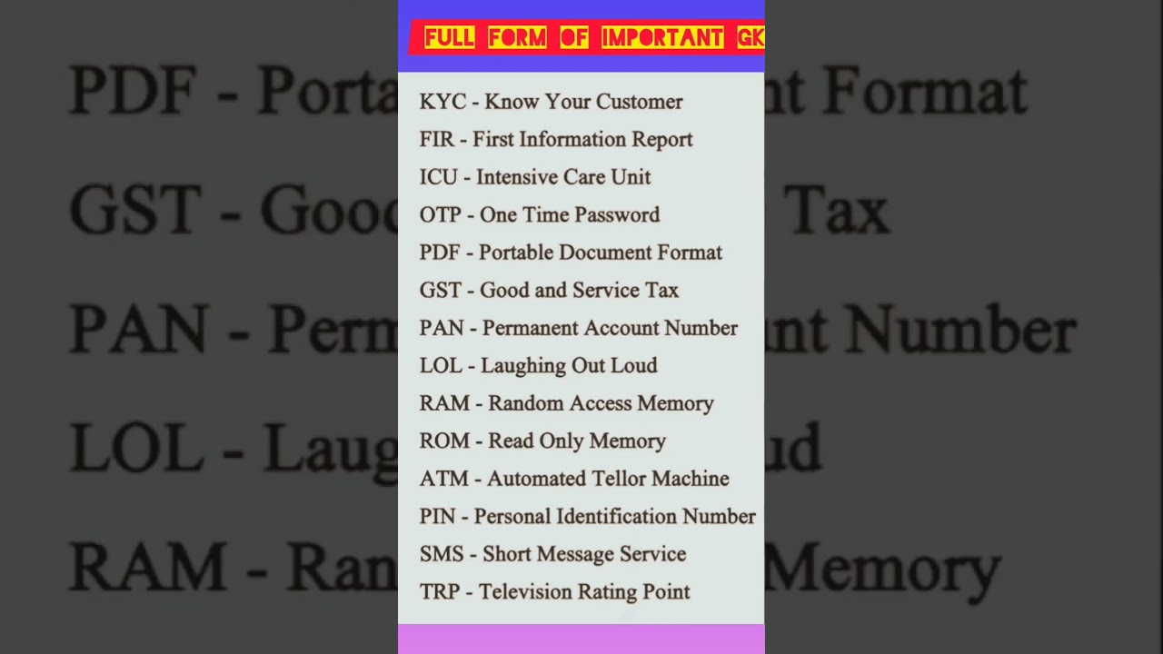 full form of important GK ||#kyc #icu #otp #pdf #ost #ram #atm #sms /#shorts #trending #viral #short