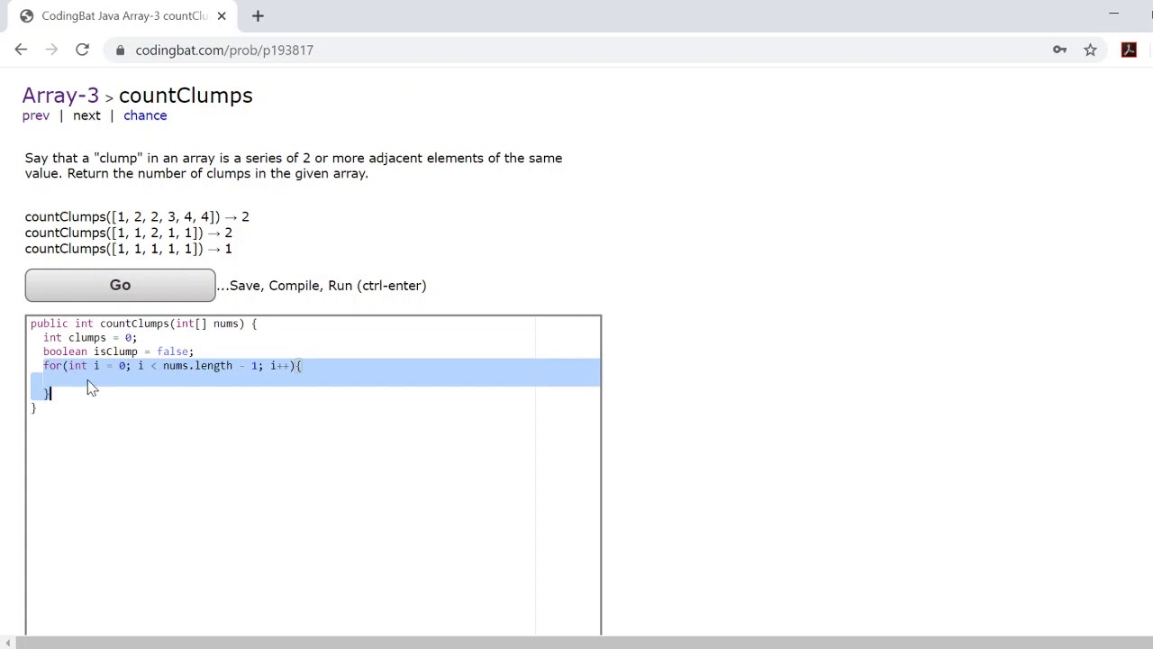Array-3 (countClumps) Java Tutorial || codingbat.com