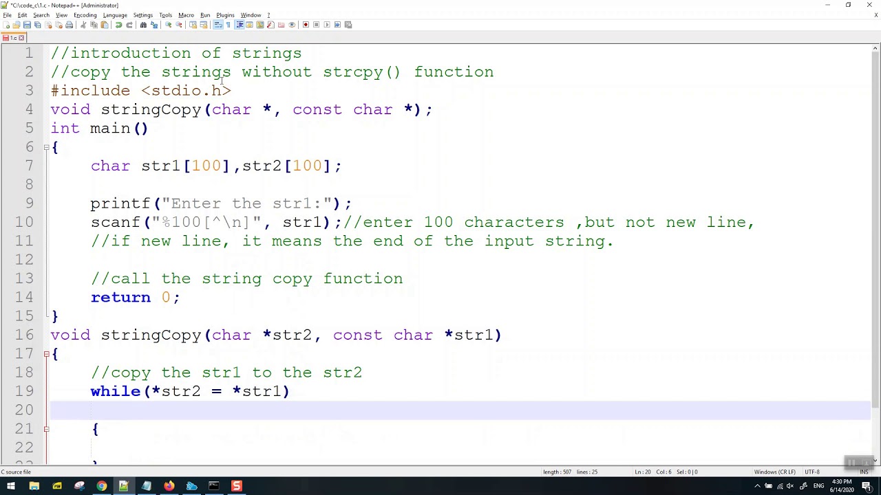 Strings copy function without strcpy in C Programming Tutorial for Beginners