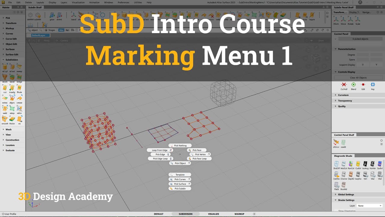 Autodesk Alias Tutorials, SubD Intro 3 - Marking Menu 1