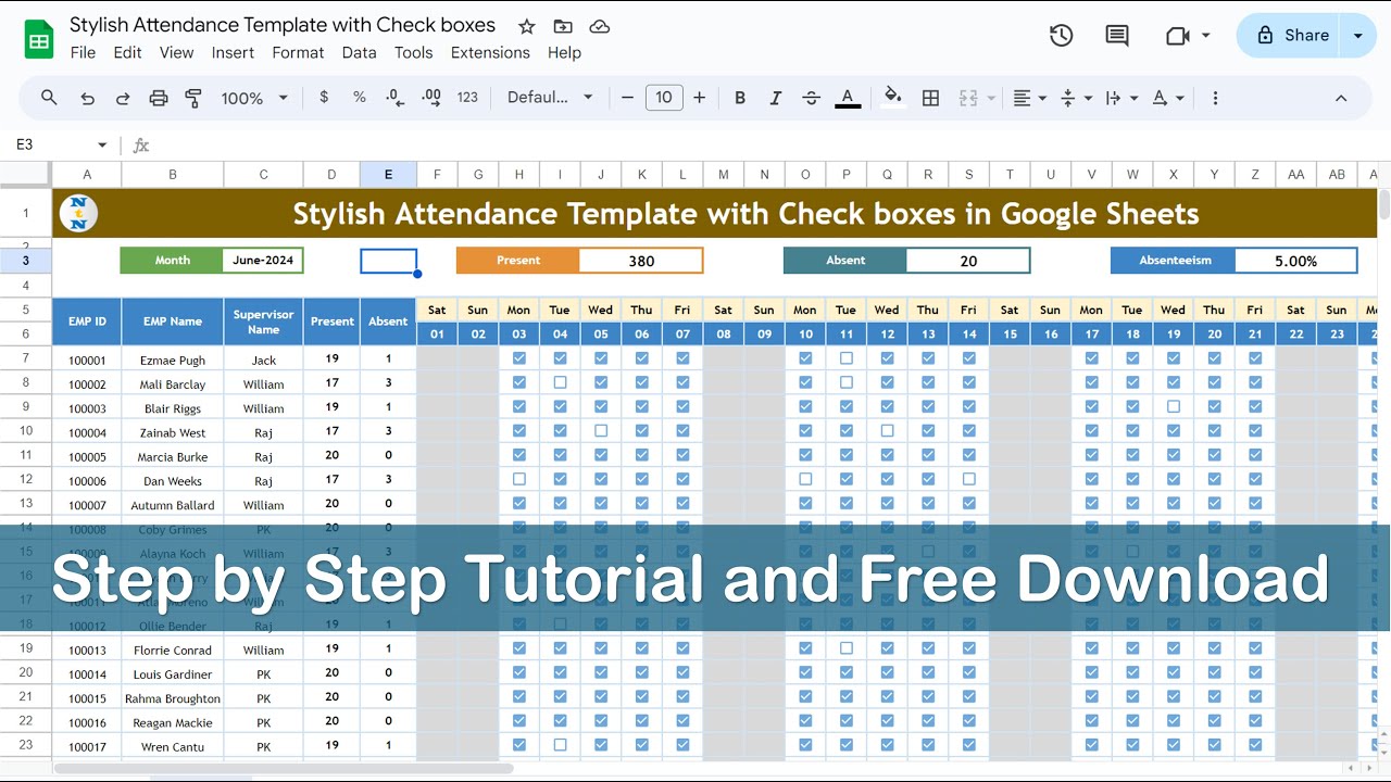 Dynamic Monthly Attendance Template in Google Sheets with Check Boxes – FREE Download