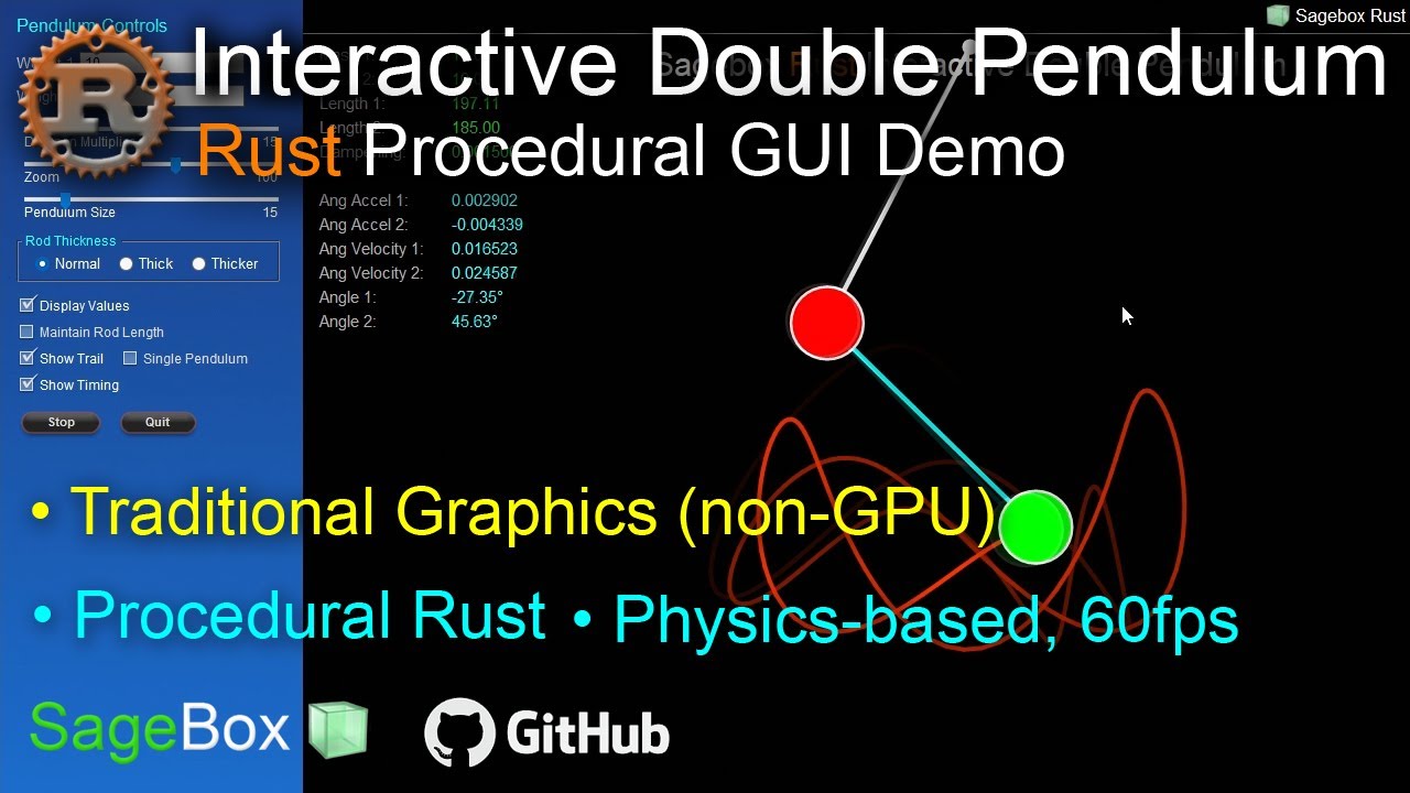 Interactive Double Pendulum 60fps | Rust Procedural GUI • GitHub Demo
