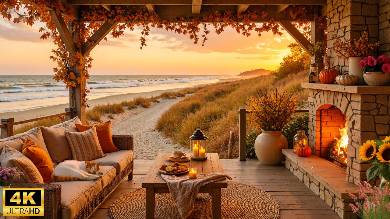 Autumn Beach Porch Ambience - Soft Piano, Crackling Fireplace & Ocean Sounds for Work, Sleep, Relax