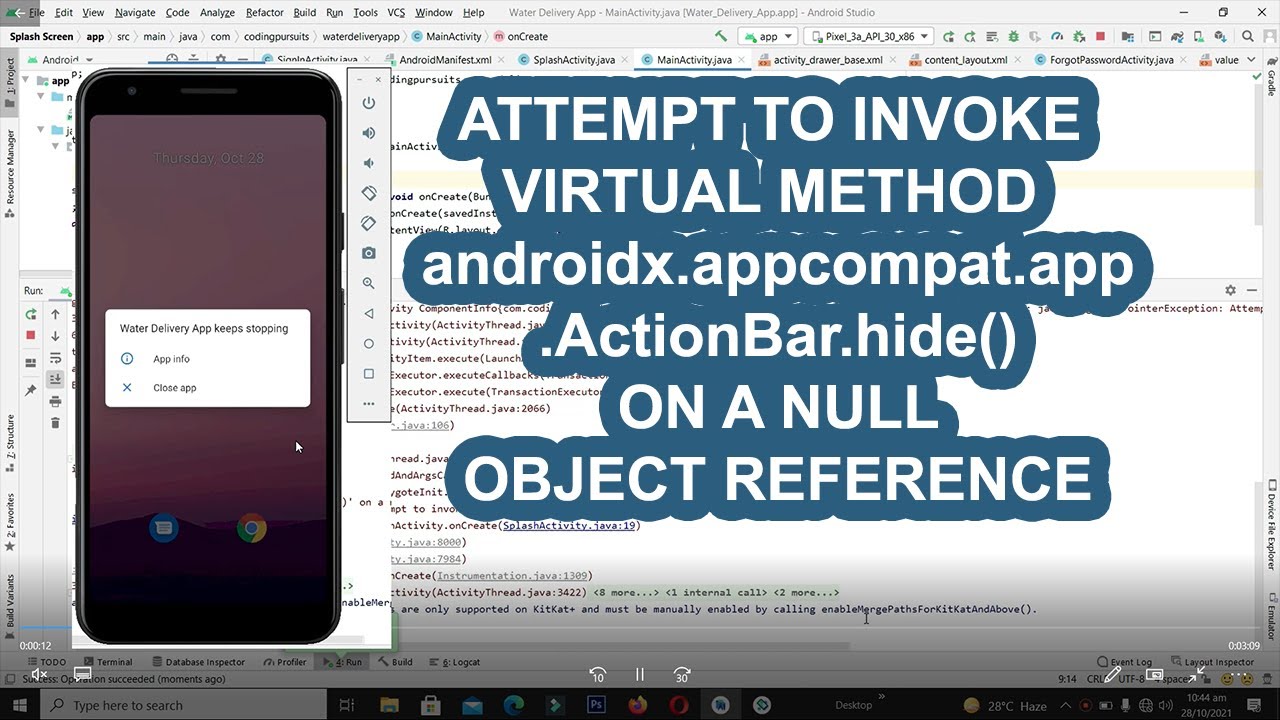 Attempt to Invoke Virtual Method androidx.appcompat.app.ActionBar.hide() on a Null Object Reference