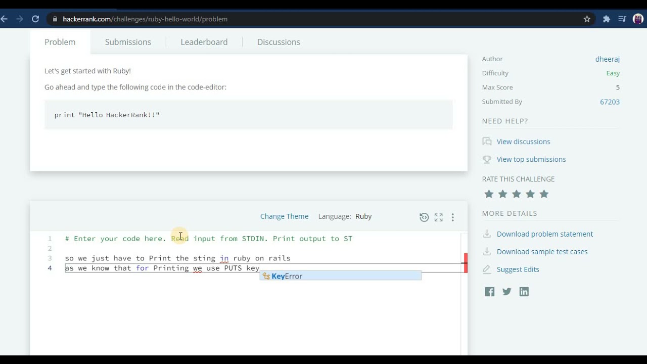 HackerRank Ruby Tutorial - Hello HackerRank! | Uqba's solutions
