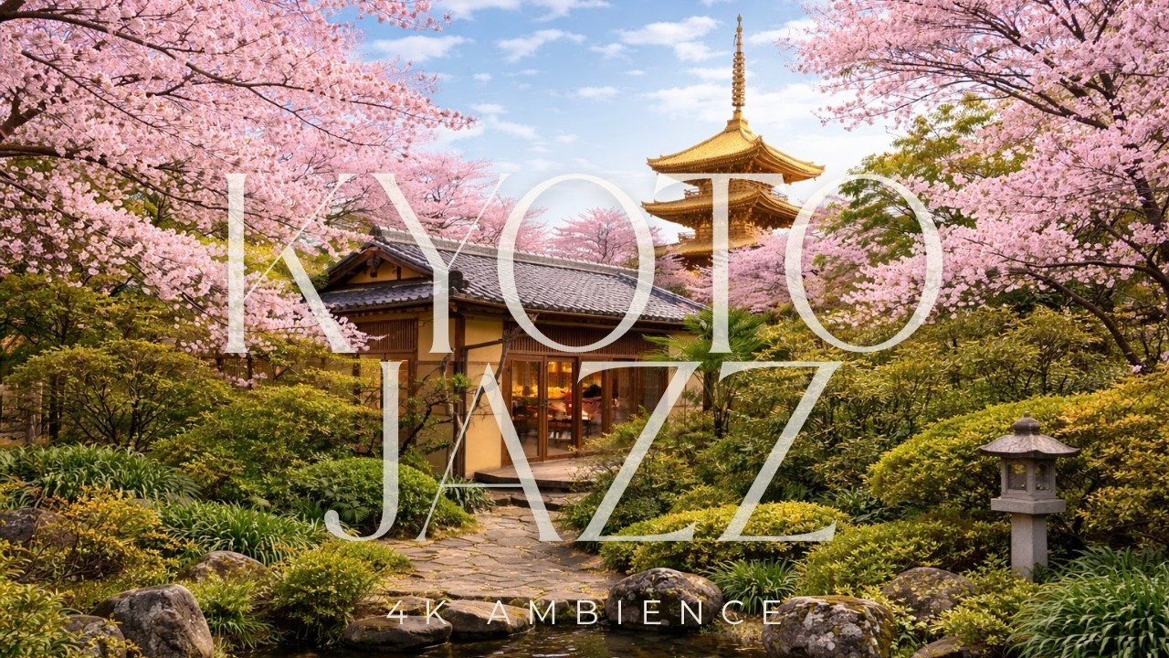 Kyoto Spring Ambience 🌸 1 Hour of Relaxing Jazz & Falling Cherry Blossom Petals (Luxury Garden 4K)