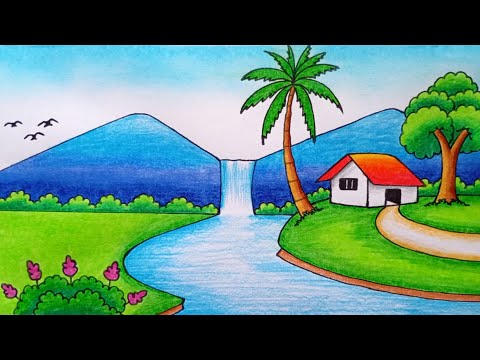 How to draw Mountain river Scenery | Easy Scenery Drawing for beginners