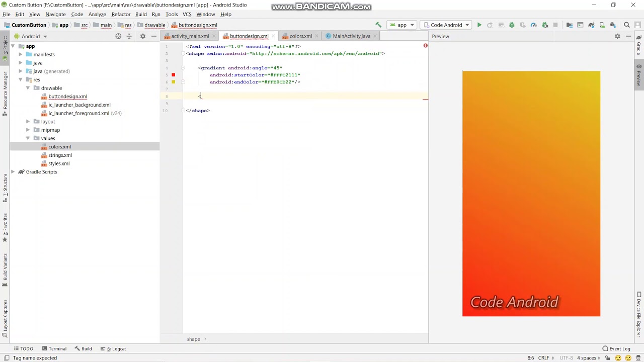CUSTOM BUTTON | ROUND EDGE CORNERS | COLOR TO THE BUTTON | ANDROID STUDIO(version 3.5.3) | JEEVAN R