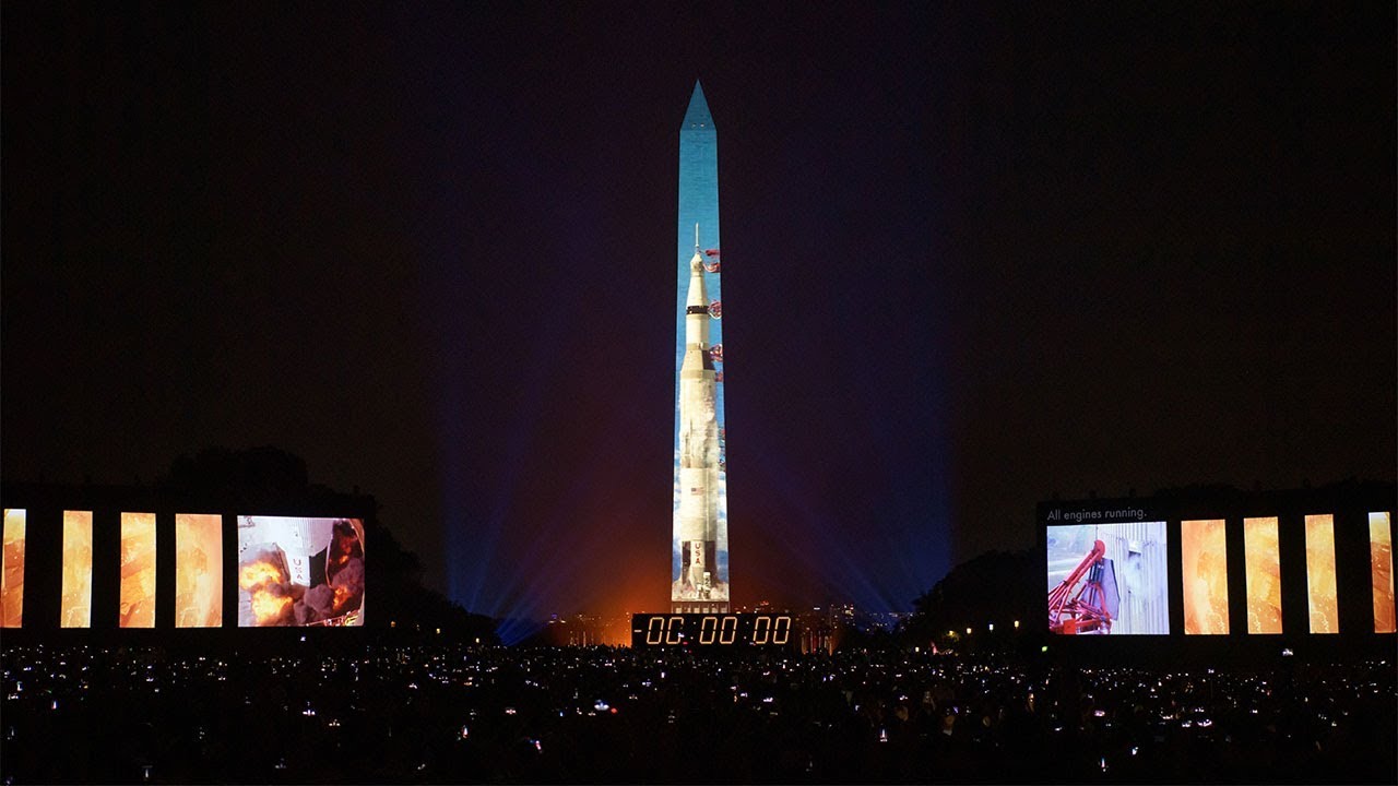 Moon landing projected onto Washington Monument for Apollo 11 anniversary