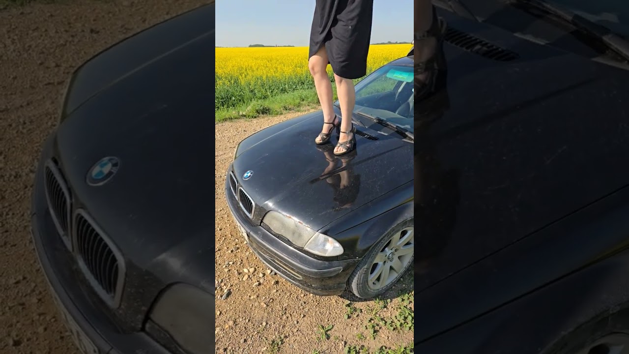Saltar sobre el capó del coche con tacones #experimentoaplastamiento #caminandosobrecoches #tacon...