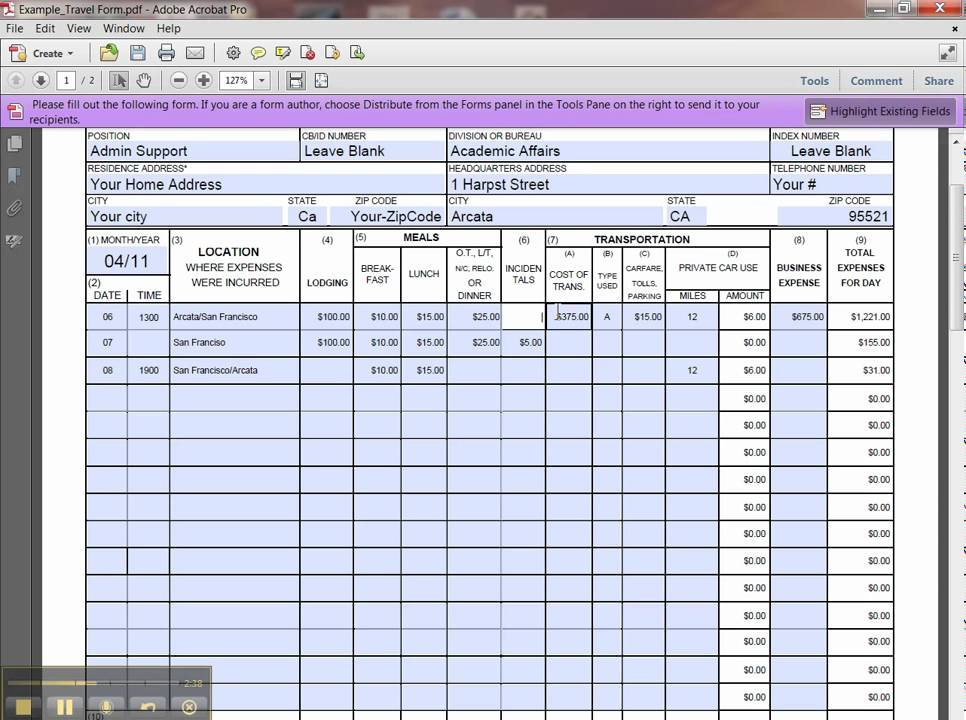 Humboldt State University Travel Expense Claim Form
